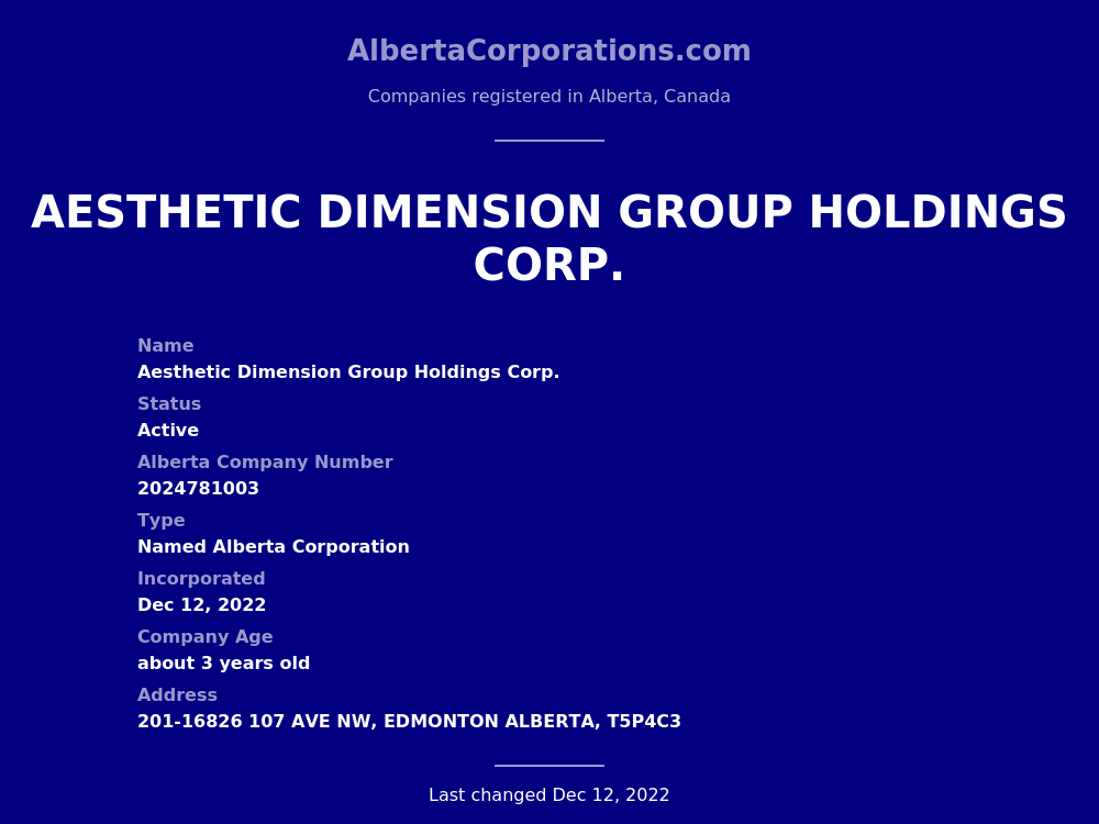 Aesthetic Dimension Group Holdings Corp. | Alberta Corporations