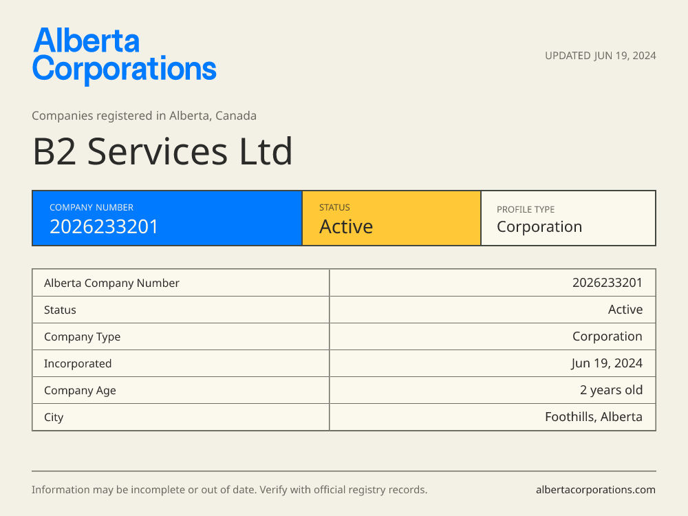 B2 SERVICES LTD - Alberta Corporate Registry Profile | Alberta Corporations
