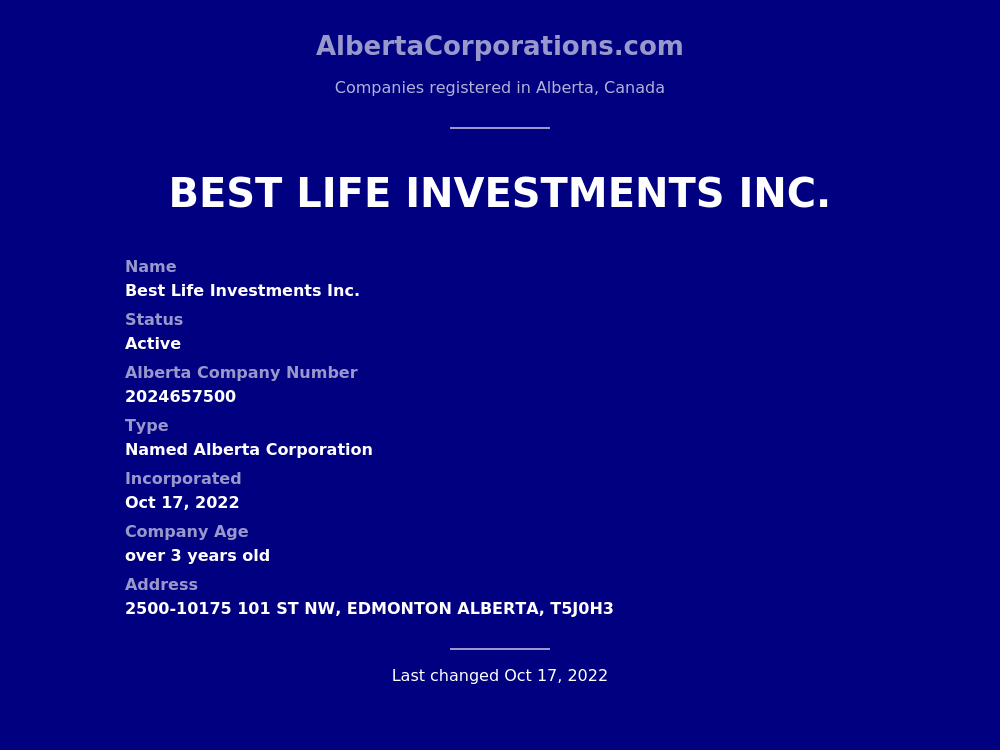Best Life Investments Inc. - Edmonton | Alberta Corporations