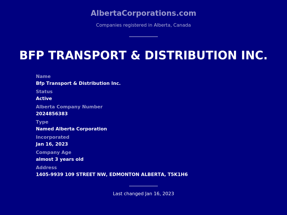Bfp Transport & Distribution Inc. | Edmonton | Alberta