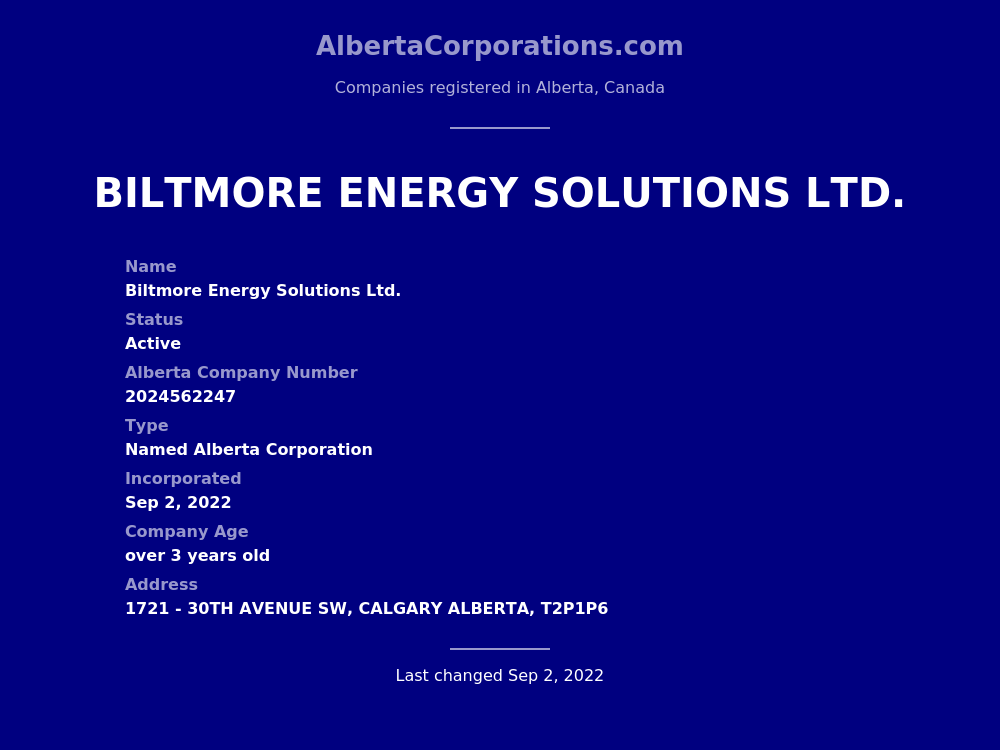 Biltmore Energy Solutions Ltd. | Calgary | Alberta