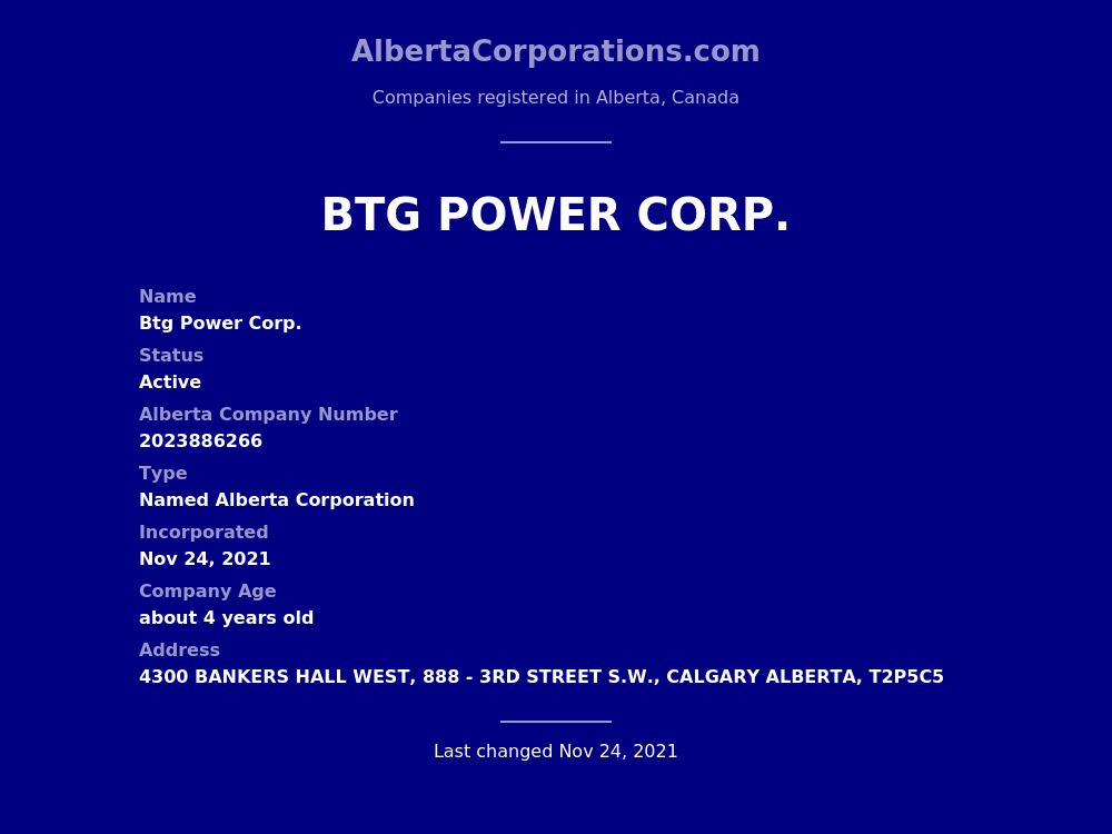 Btg Power Corp. | Calgary | Alberta