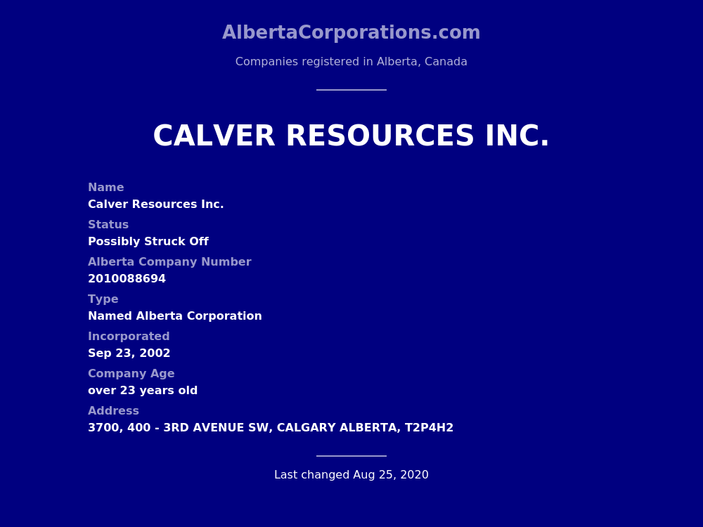 Calver Resources Inc. | Calgary | Alberta