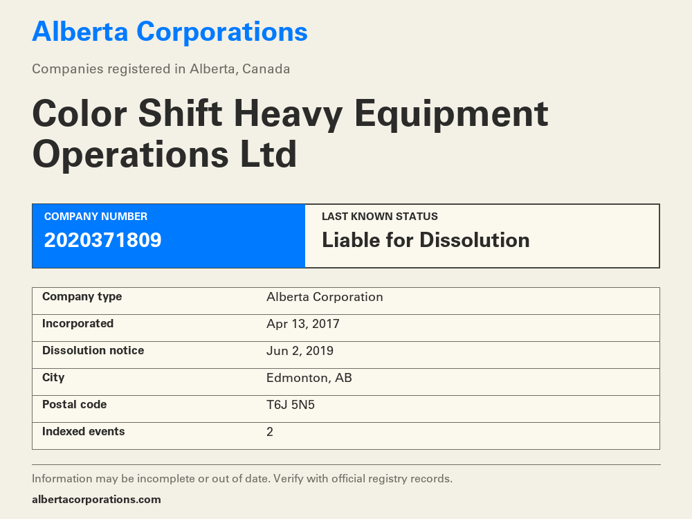 Color Shift Heavy Equipment Operations Ltd, Edmonton · Status, Address ...