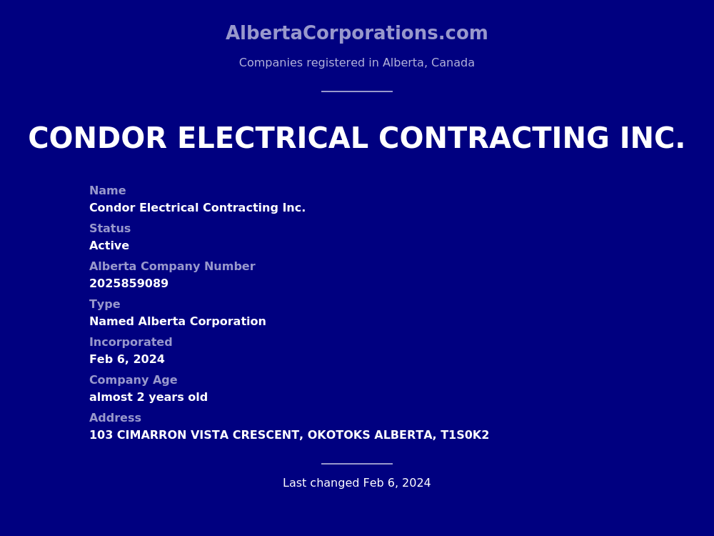 Condor Electrical Contracting Inc. - Okotoks | Alberta Corporations