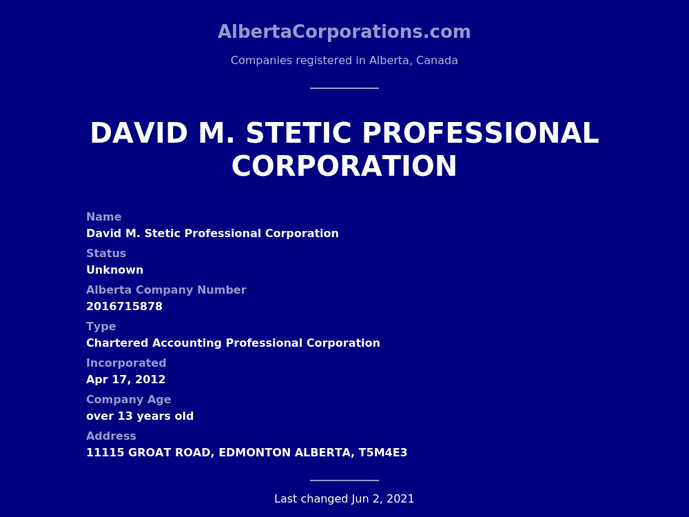 David M. Stetic Professional Corporation | Alberta