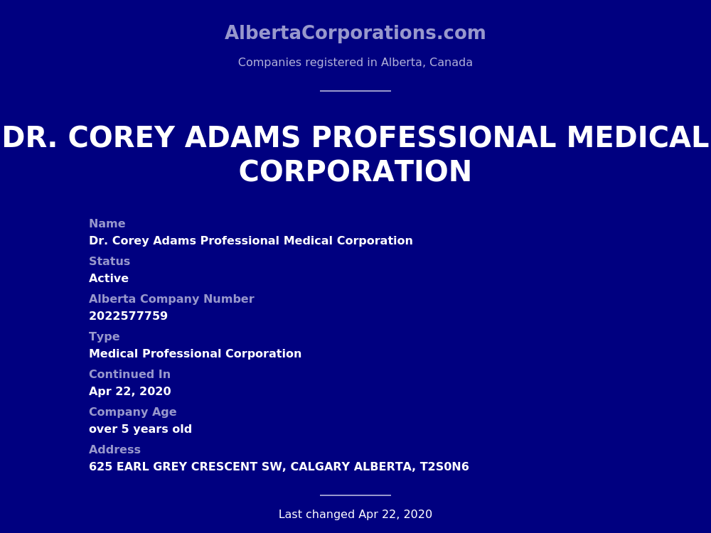Dr. Corey Adams Professional Medical Corporation | Alberta