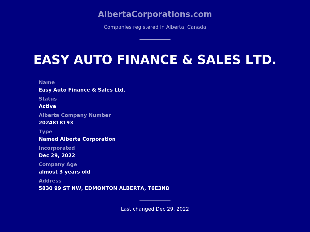 Easy Auto Finance & Sales Ltd. - Edmonton | Alberta Corporations