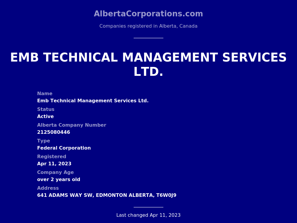 Emb Technical Management Services Ltd. | Alberta Corporations