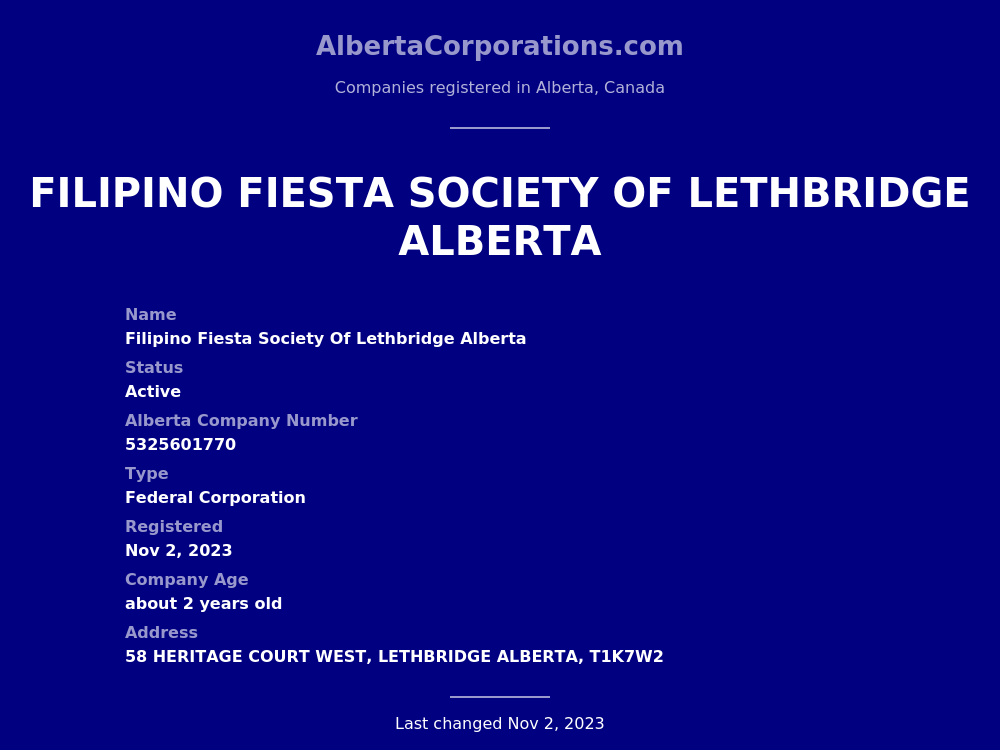 Filipino Fiesta Society Of Lethbridge Alberta | Alberta Corporations
