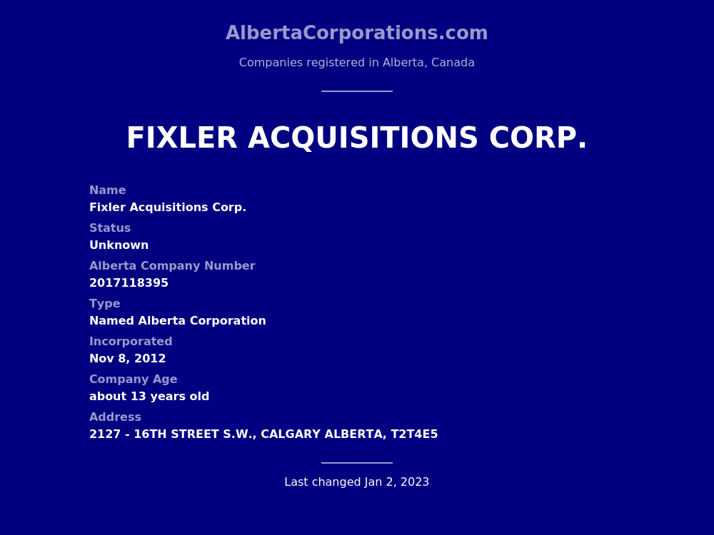 Fixler Acquisitions Corp. | Calgary | Alberta