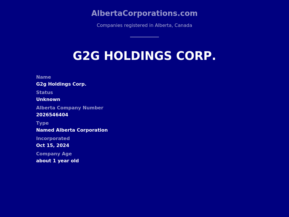 G2g Holdings Corp. | Alberta