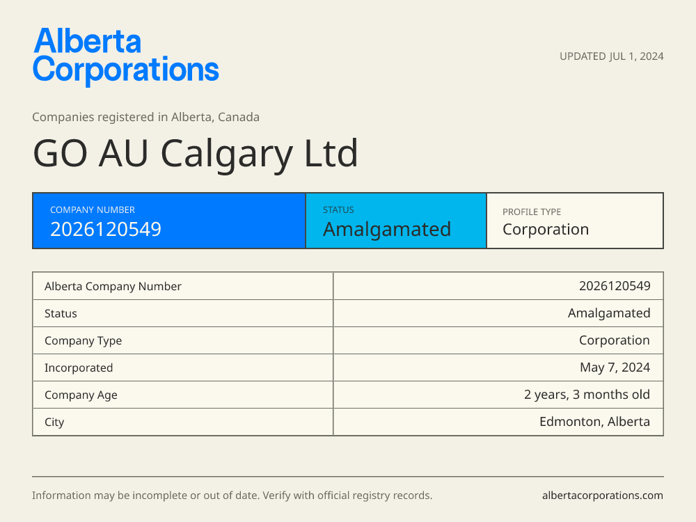 GO AU CALGARY LTD - Alberta Corporate Registry Profile | Alberta ...