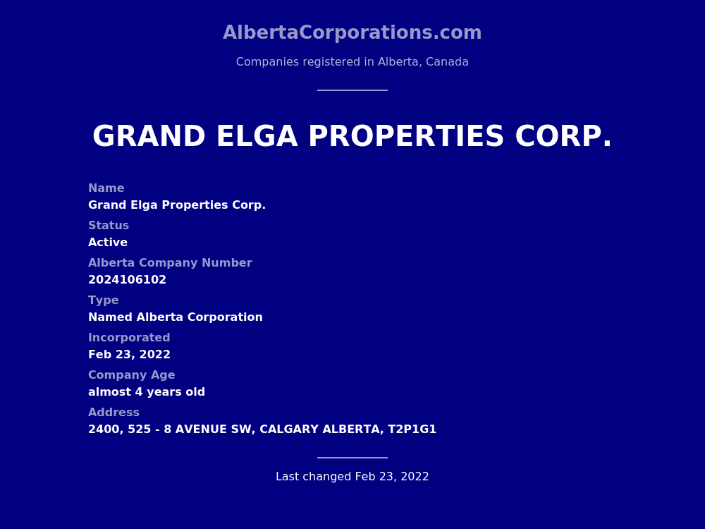 Grand Elga Properties Corp. - Calgary | Alberta Corporations