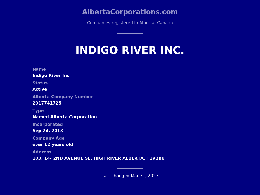 Indigo River Inc. - High River | Alberta Corporations