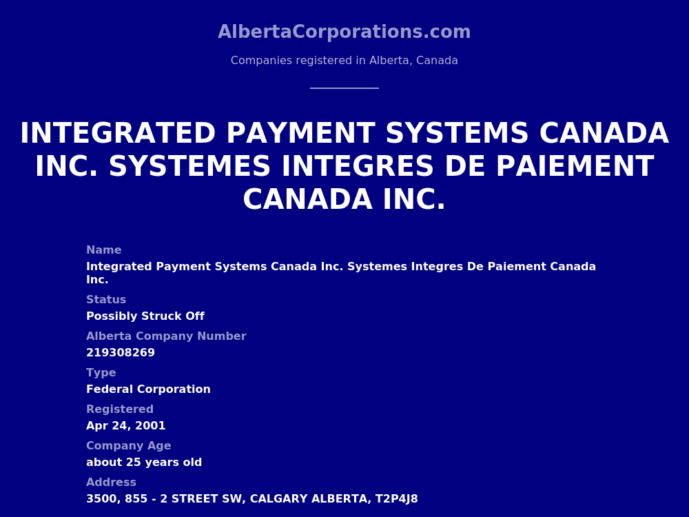 Integrated Payment Systems Canada Inc. Systemes Integres De Paiement ...