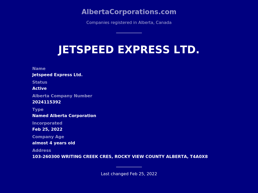 Jetspeed Express Ltd. | Rocky View County | Alberta