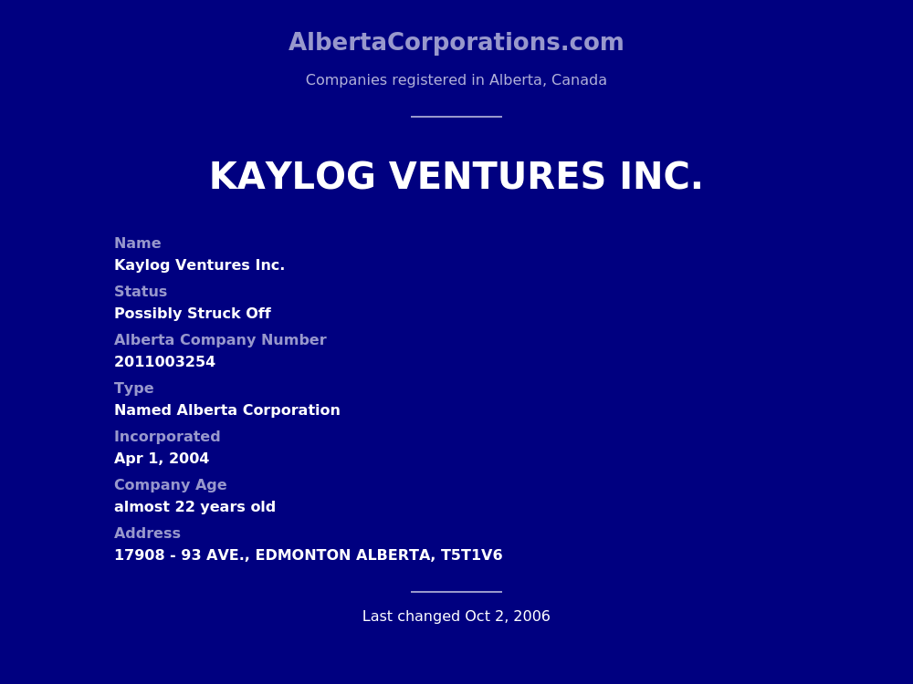 Kaylog Ventures Inc. | Edmonton | Alberta