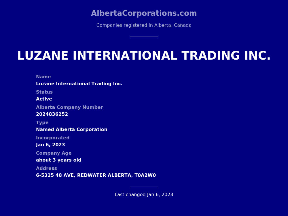 Luzane International Trading Inc. - Redwater | Alberta Corporations