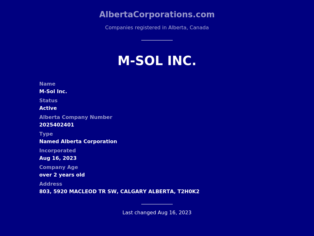 M-Sol Inc. | Calgary | Alberta