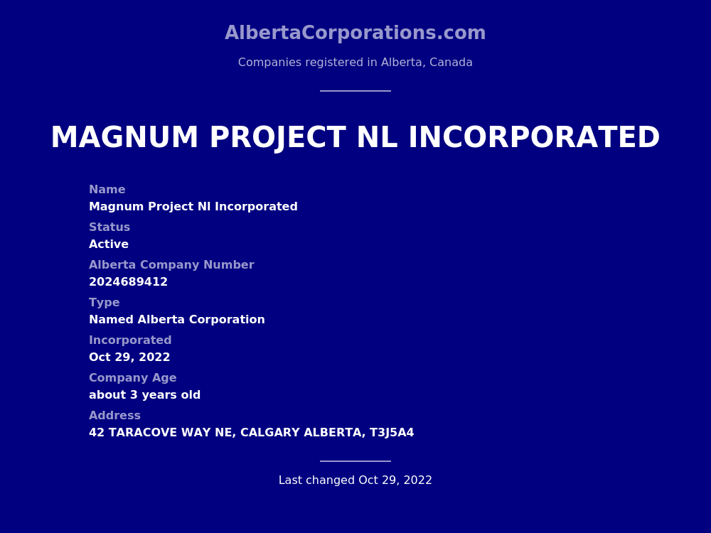 Magnum Project Nl Incorporated - Calgary | Alberta Corporations