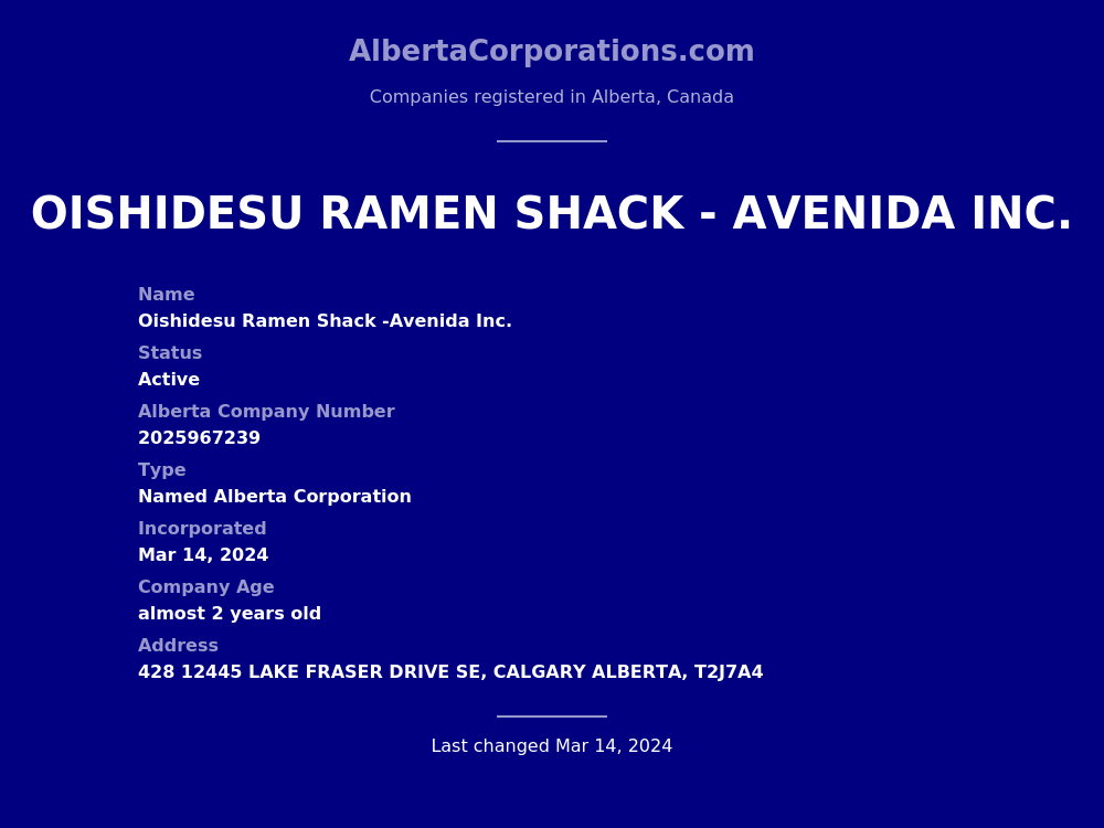 Oishidesu Ramen Shack -Avenida Inc. - Calgary | Alberta Corporations