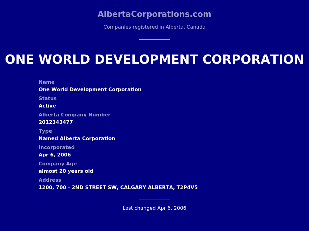 One World Development Corporation | Calgary | Alberta
