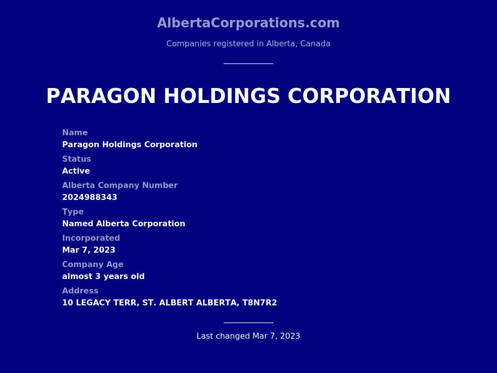 Paragon Holdings Corporation - St Albert | Alberta Corporations