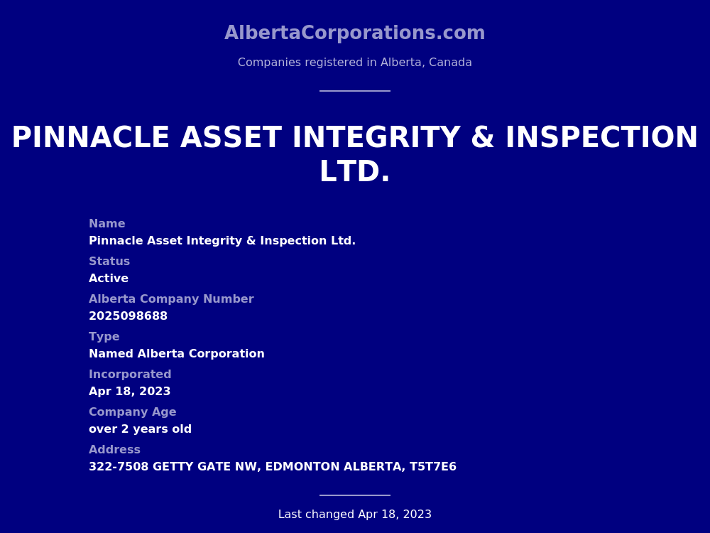 Pinnacle Asset Integrity & Inspection Ltd. | Alberta Corporations