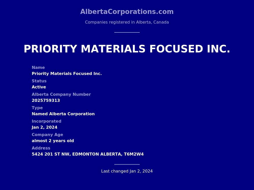 Priority Materials Focused Inc. | Edmonton | Alberta