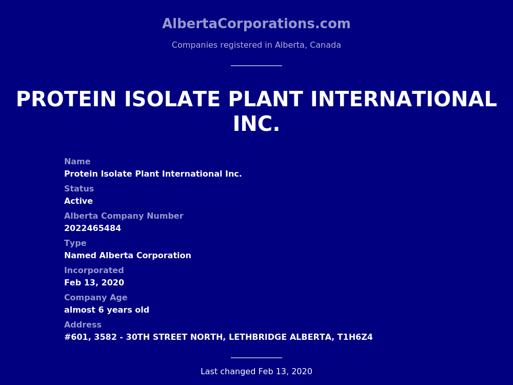 Protein Isolate Plant International Inc. | Alberta
