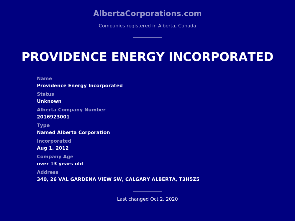 Providence Energy Incorporated | Calgary | Alberta
