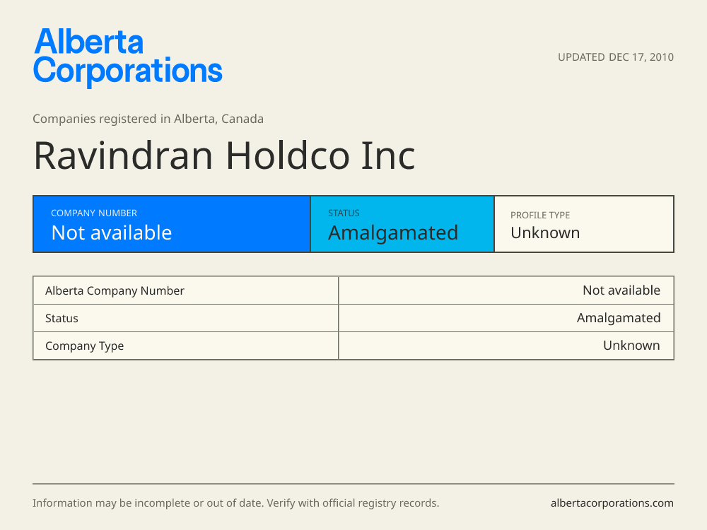 Ravindran Holdco Inc · Status, Address & Filings | Alberta Corporations
