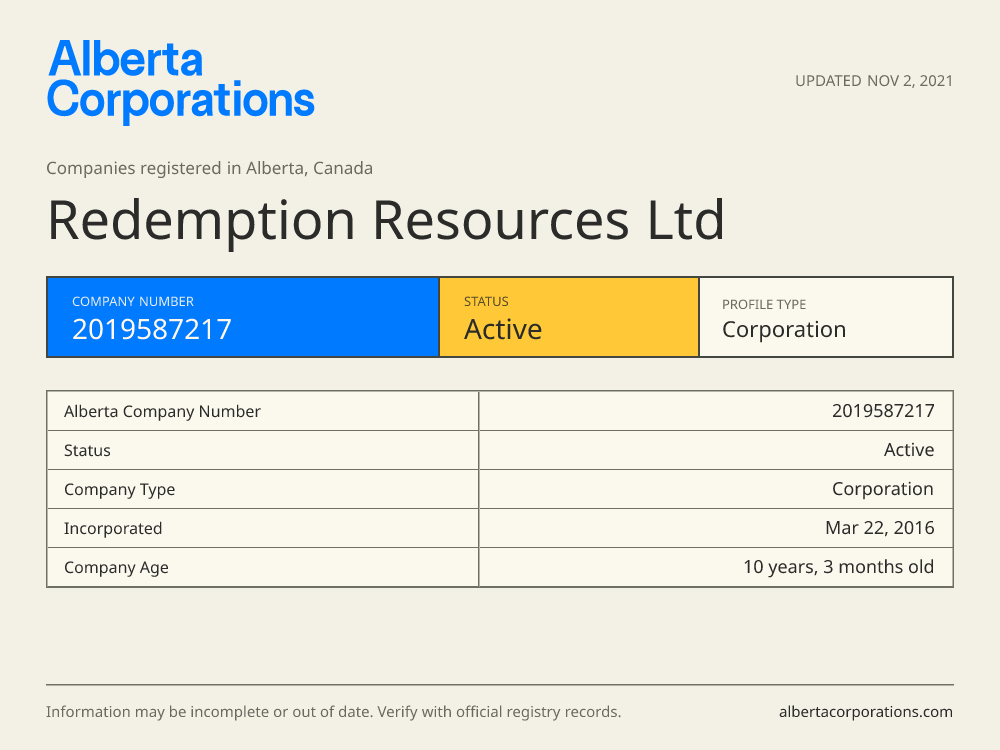 Redemption Resources Ltd. | Alberta