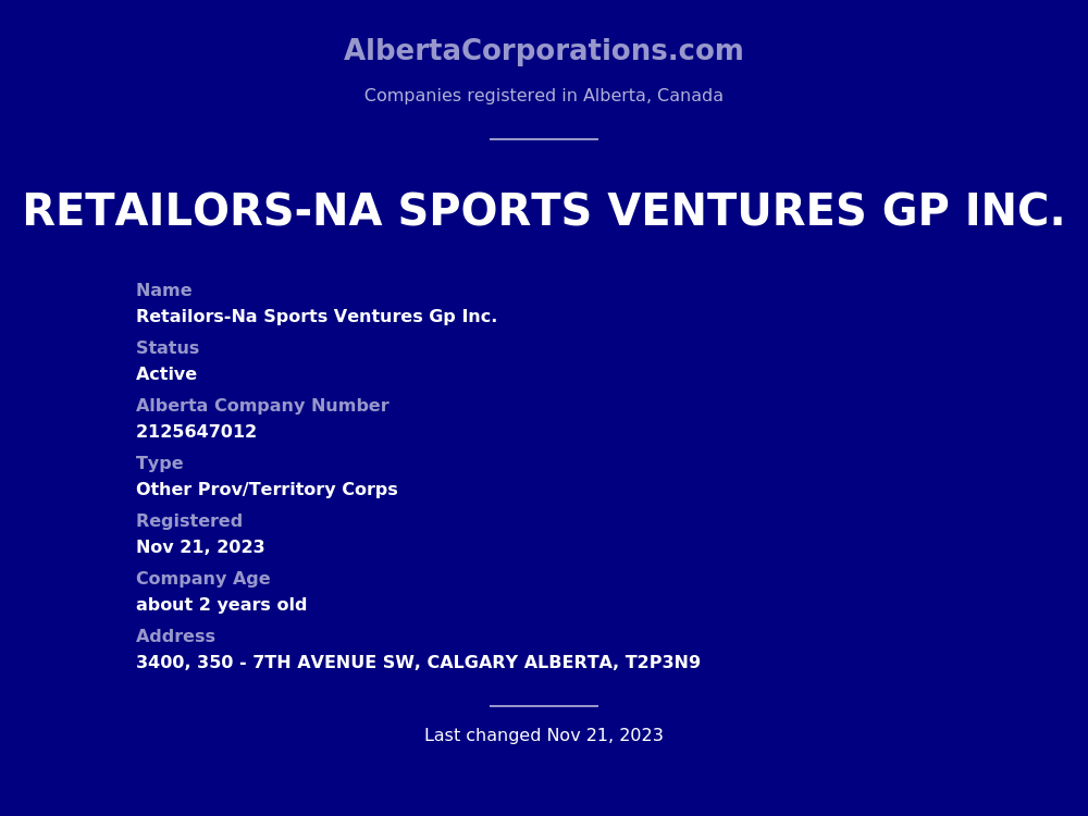 Retailors-Na Sports Ventures Gp Inc. | Calgary | Alberta