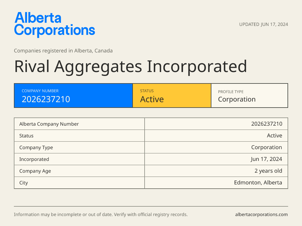RIVAL AGGREGATES INCORPORATED - Alberta Corporate Registry Profile ...