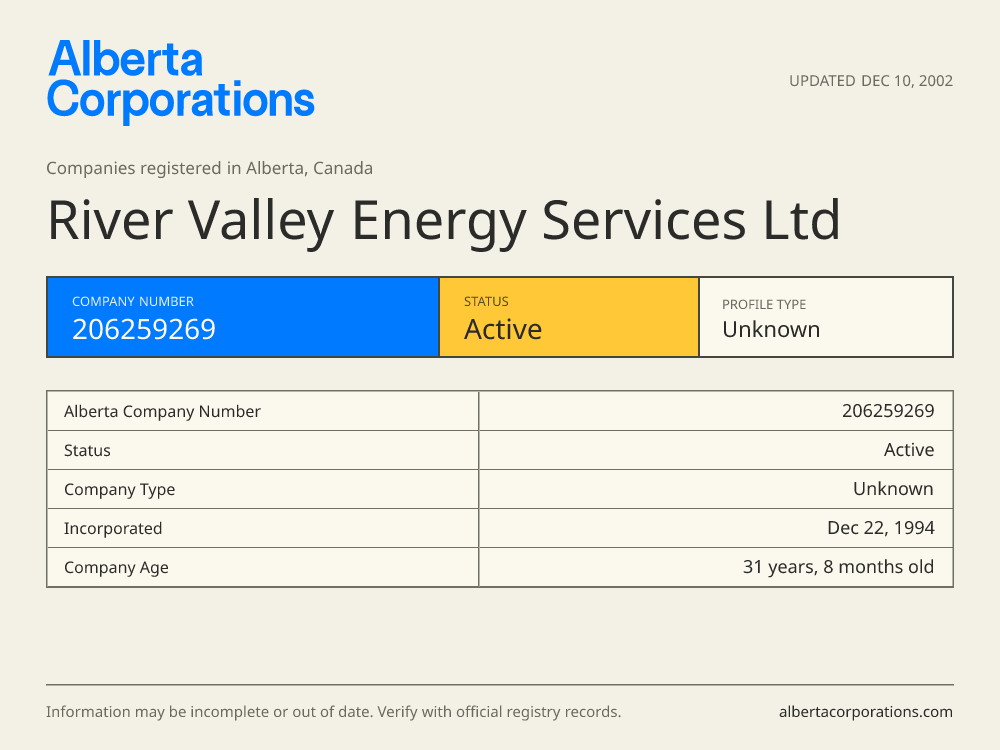 RIVER VALLEY ENERGY SERVICES LTD - Alberta Corporate Registry Profile ...