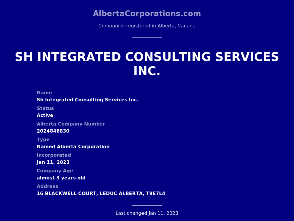 Sh Integrated Consulting Services Inc. - Leduc | Alberta Corporations