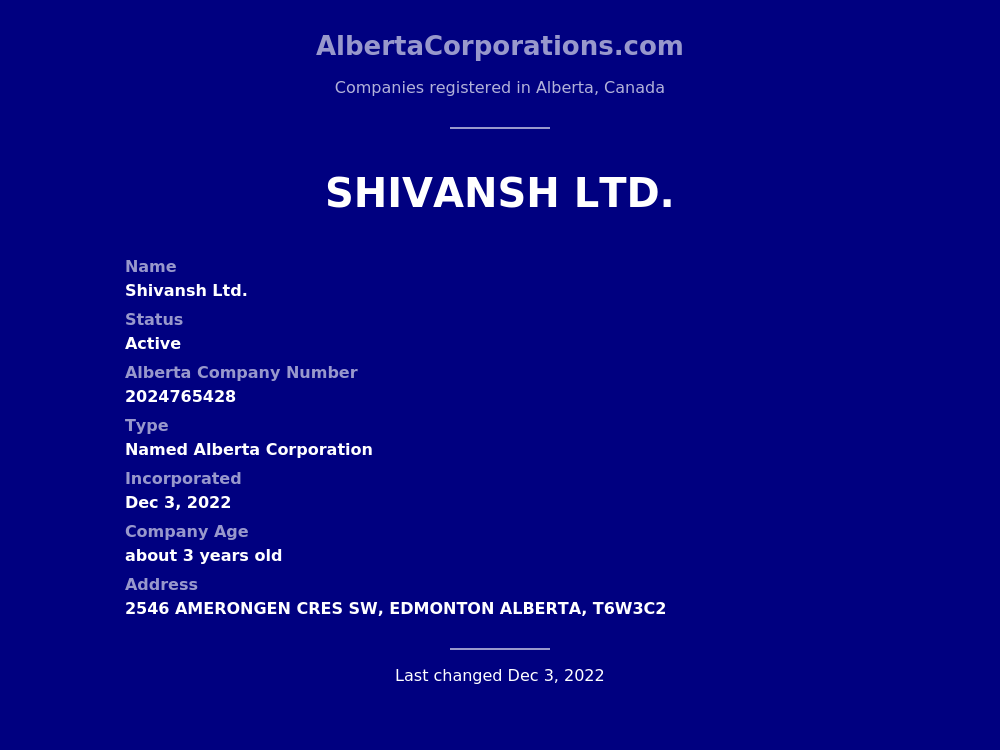 Shivansh Ltd. - Edmonton | Alberta Corporations