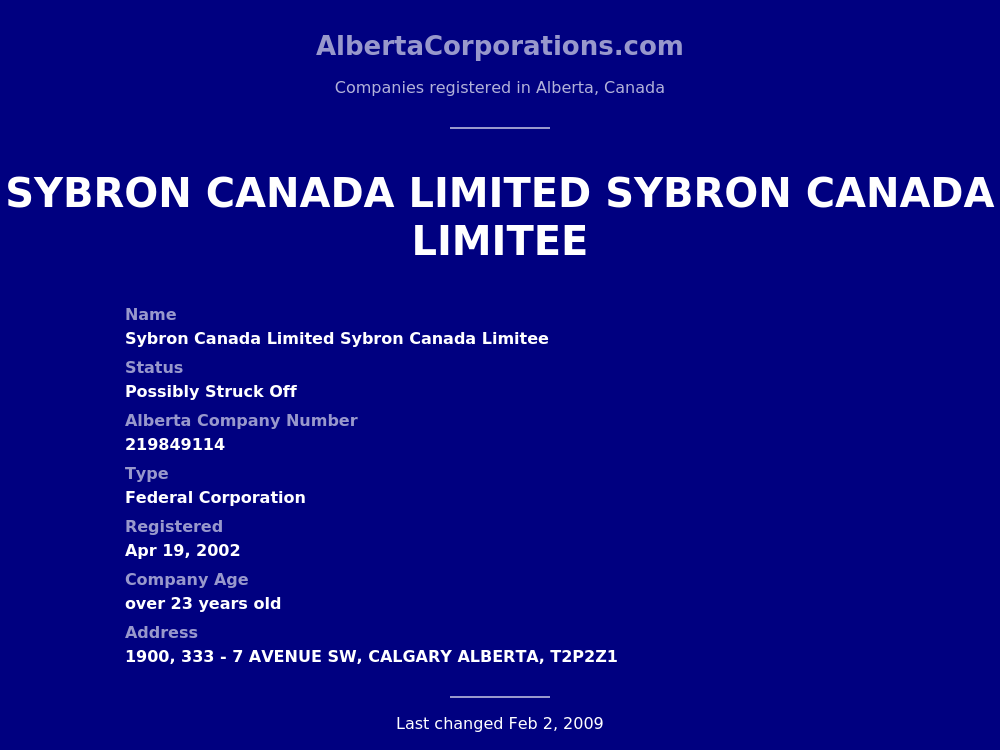 Sybron Canada Limited Sybron Canada Limitee | Alberta