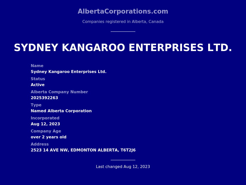 Sydney Kangaroo Enterprises Ltd. - Edmonton | Alberta Corporations