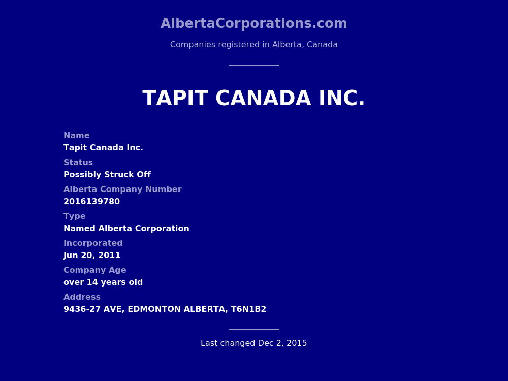 Tapit Canada Inc. - Edmonton | Alberta Corporations