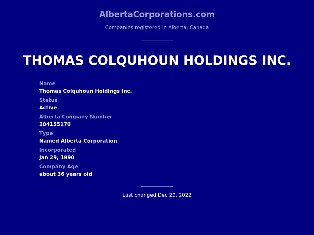 Thomas Colquhoun Holdings Inc. - | Alberta Corporations