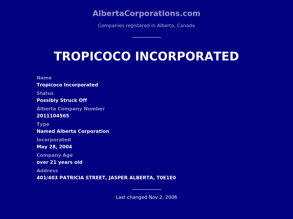 Tropicoco Incorporated | Jasper | Alberta