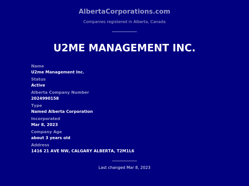 U2me Management Inc. | Calgary | Alberta