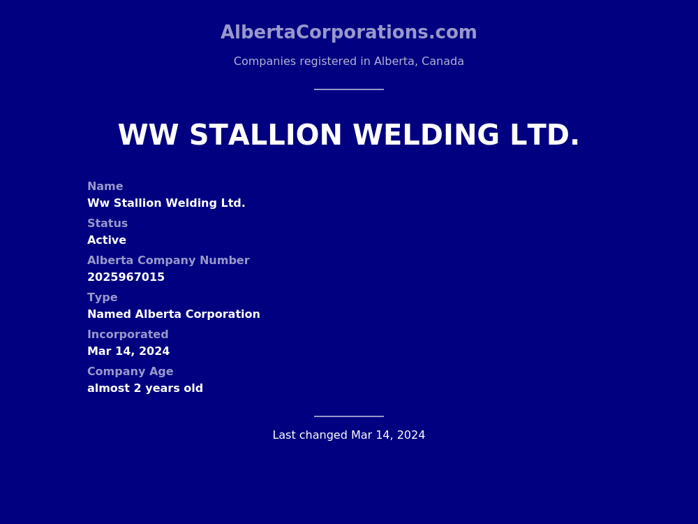 Ww Stallion Welding Ltd. - | Alberta Corporations